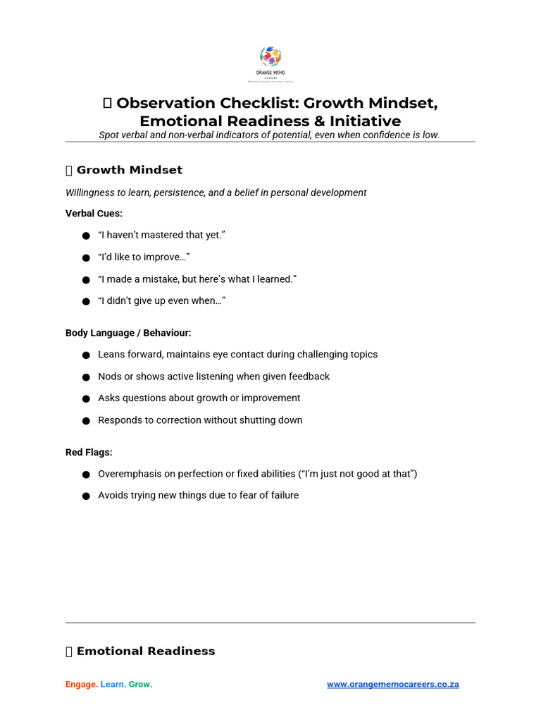 ? Observation Checklist - Growth Mindset, Emotional Readiness ...