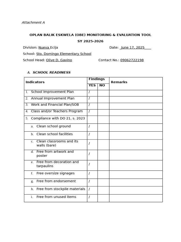 STO. DOMINGO ES OBE Monitoring Evaluation Tool 2025 2026 | PDF | Learning