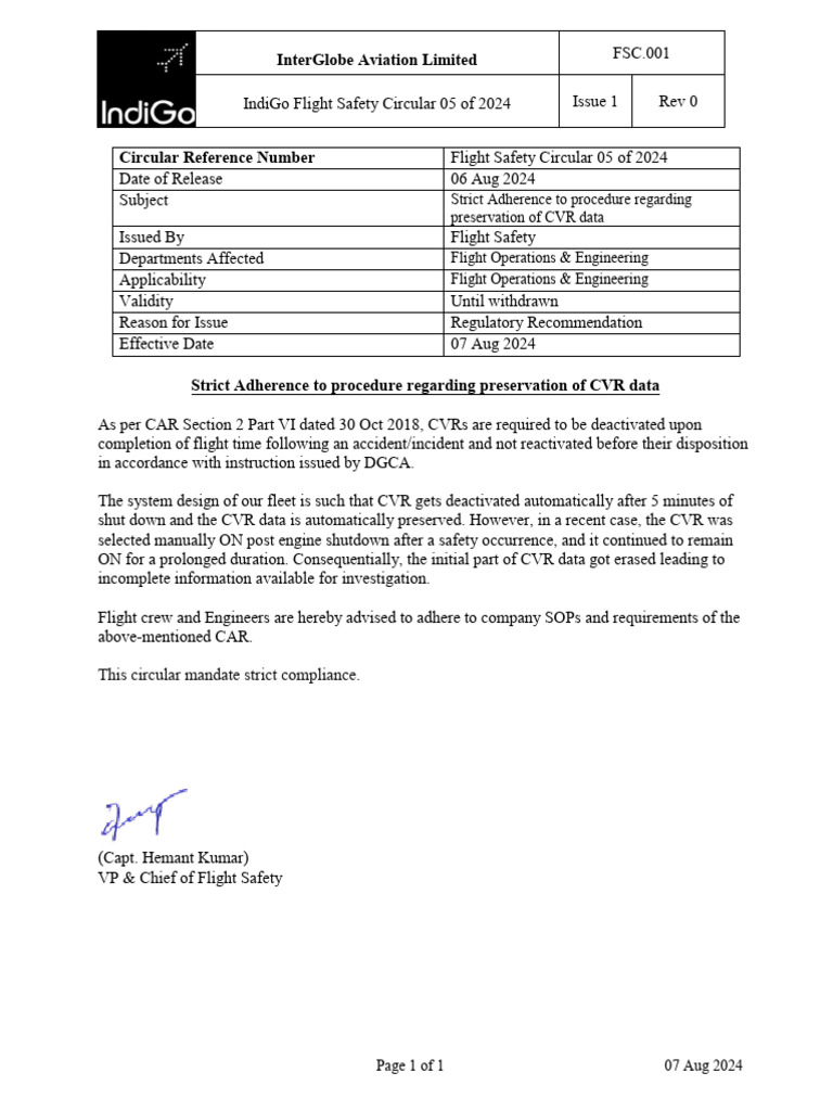 Flight Safety Circular 05 of 2024 - Strict Adherence To Procedure ...