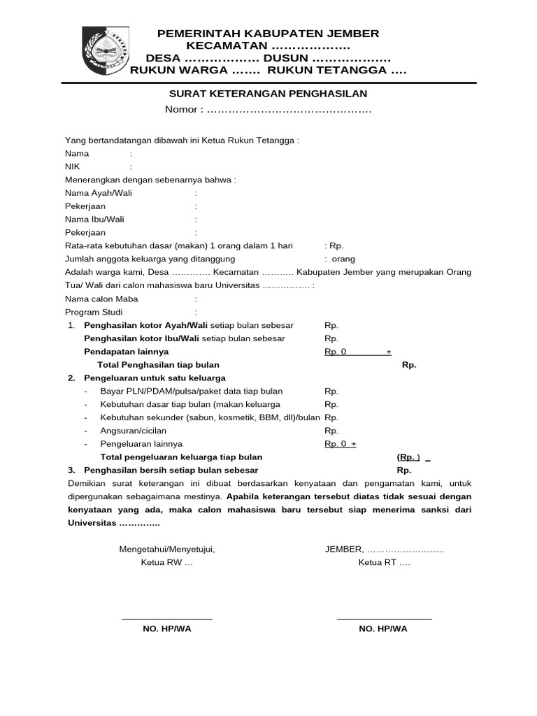 Surat Keterangan Penghasilan RT RW | PDF