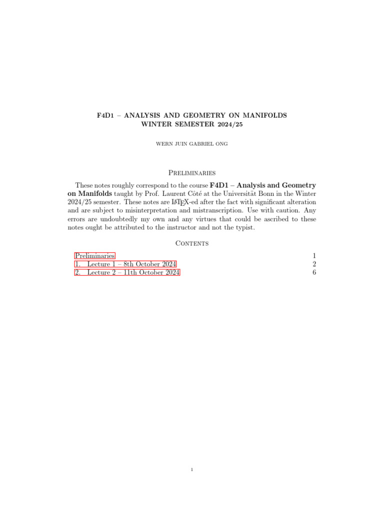Analysis and Geometry on Manifolds Notes | PDF | Manifold | Compact Space