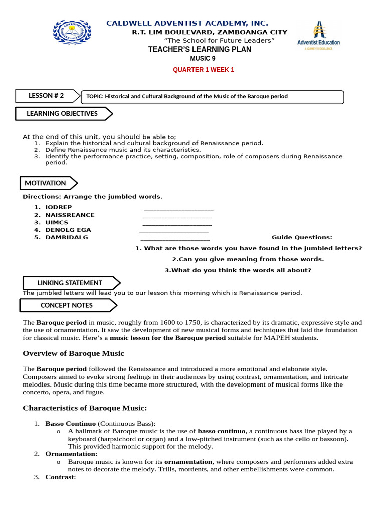 MAPEH 9 LESSON 2 Baroque | PDF | Baroque Music | Johann Sebastian Bach