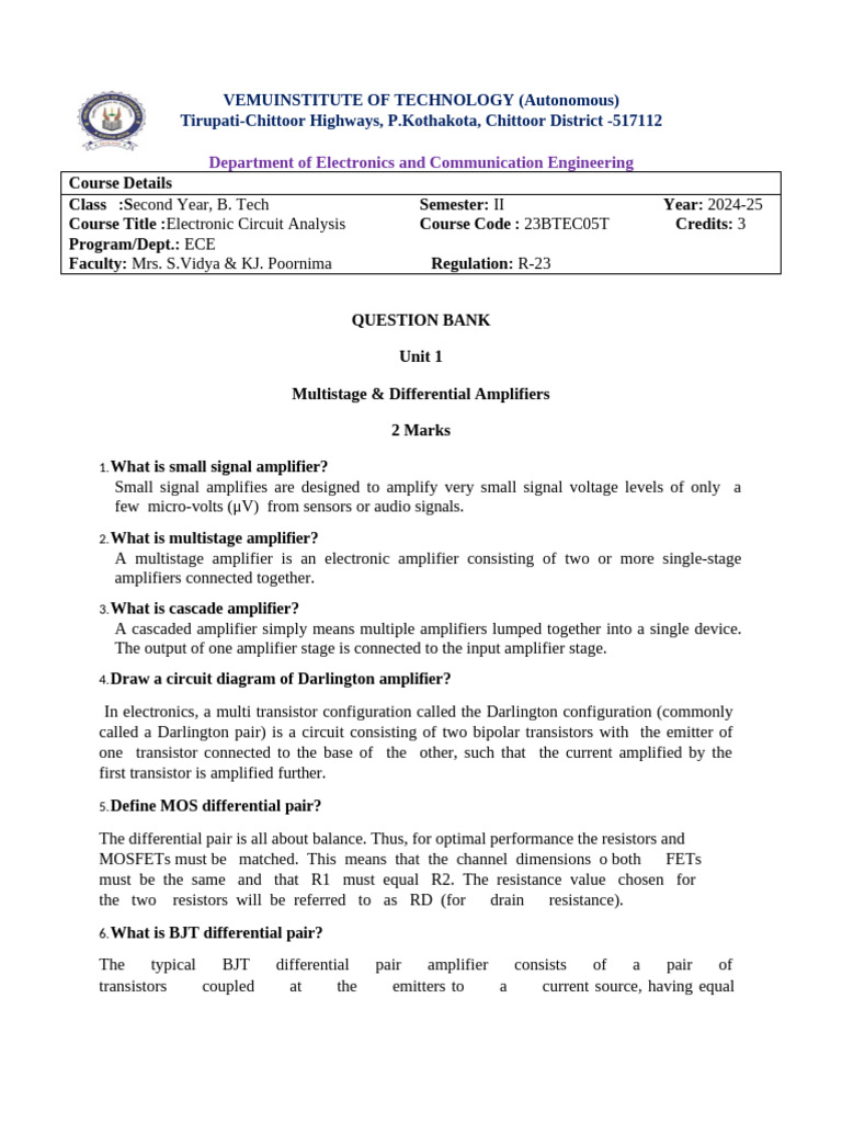 ECA QB Final | PDF | Amplifier | Electronic Oscillator