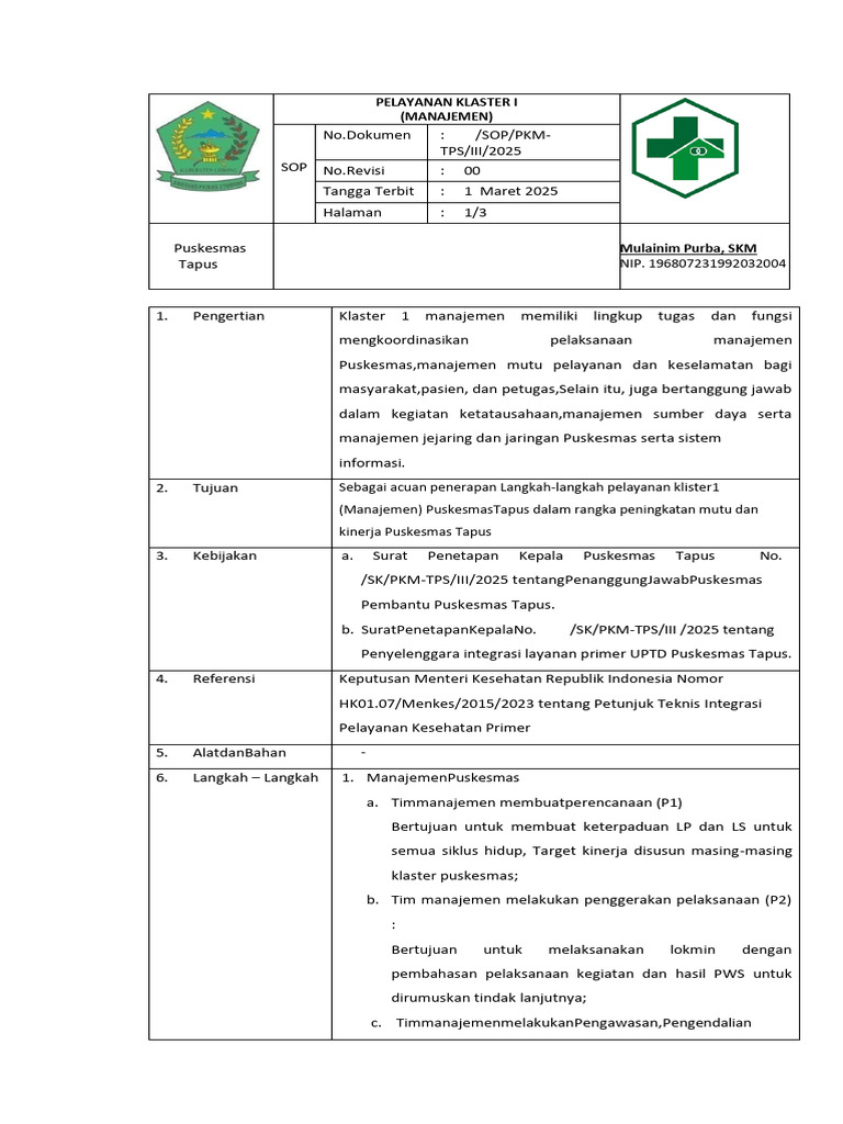 1.SOP Klaster Puskesmas Tapus | PDF