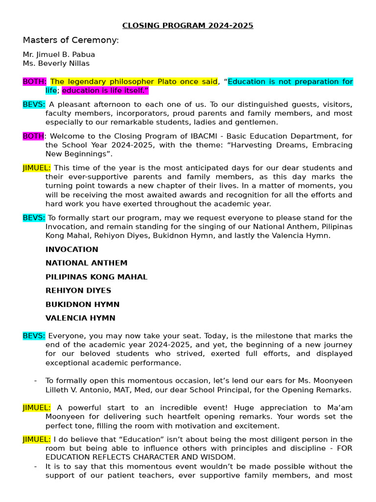 Closing Program Script 2024 | PDF