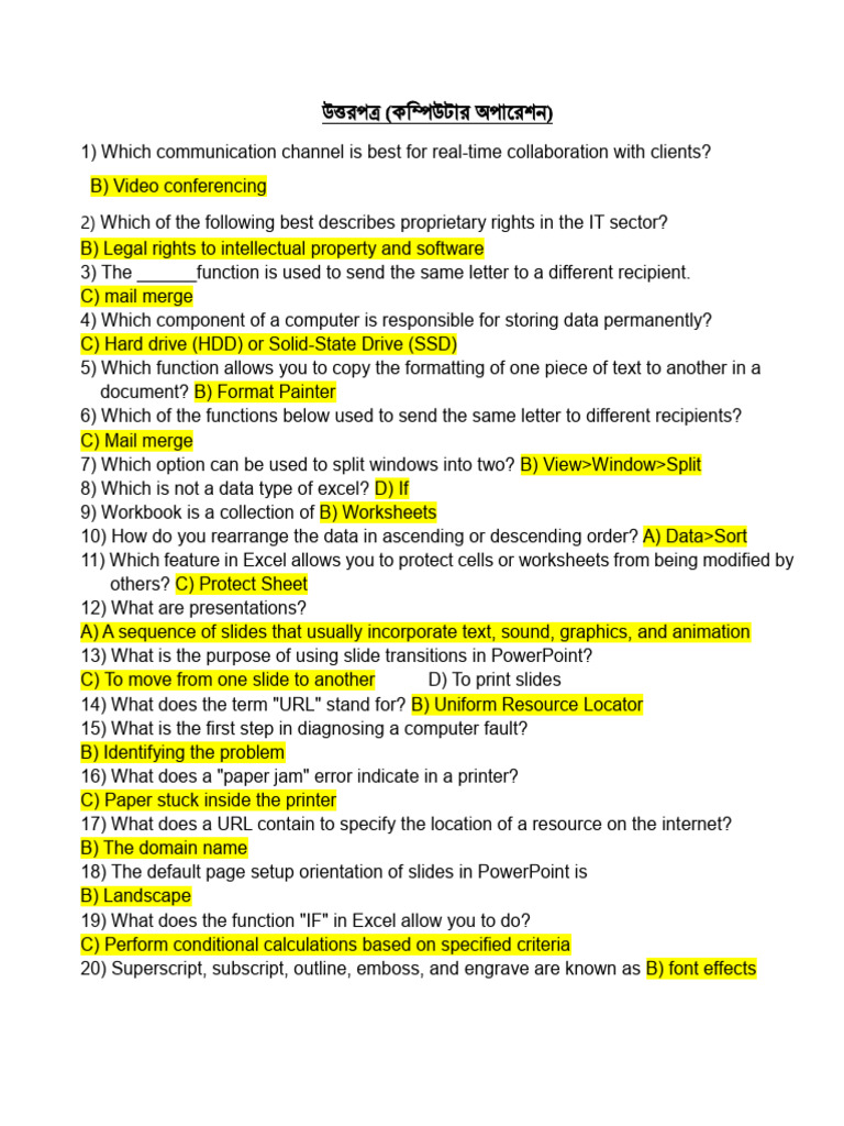 Computer Operations Exam Questions | PDF | Microsoft Excel | Hard Disk ...