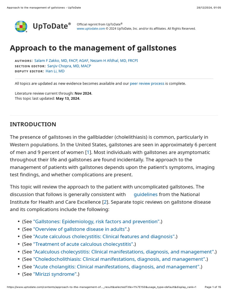 Approach To The Management of Gallstones - UpToDate | PDF | Gallbladder | Digestive System