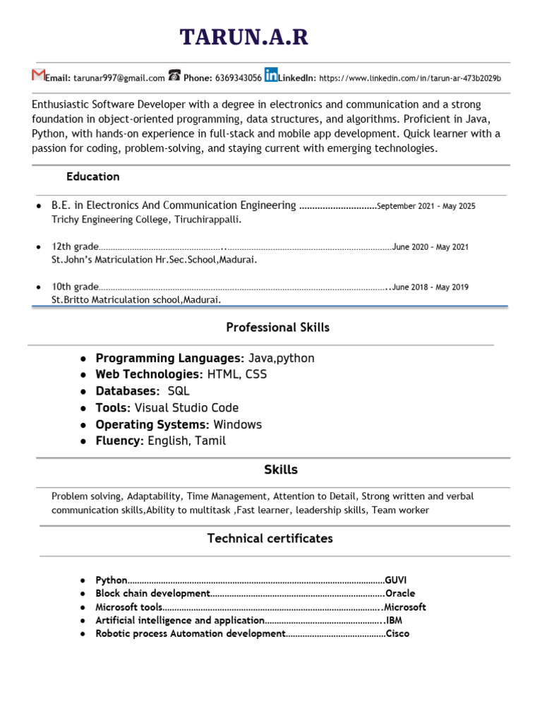 Tarun A RREsume | PDF