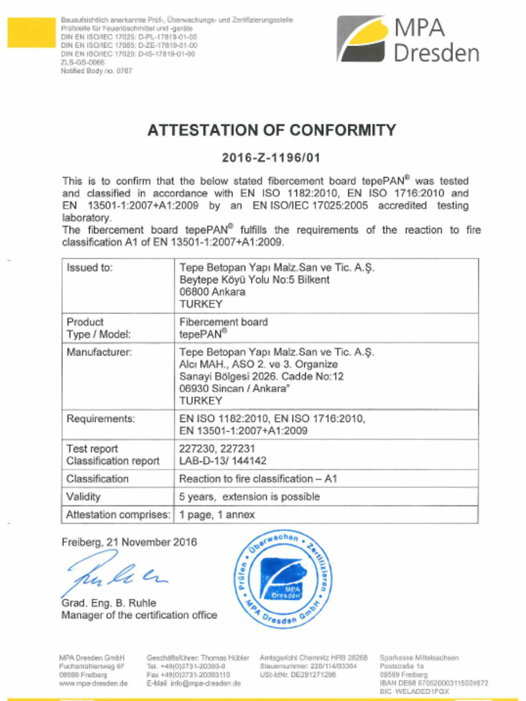 Attestation of Conformity-Reaction To Fire (MPA DRESDEN) | PDF