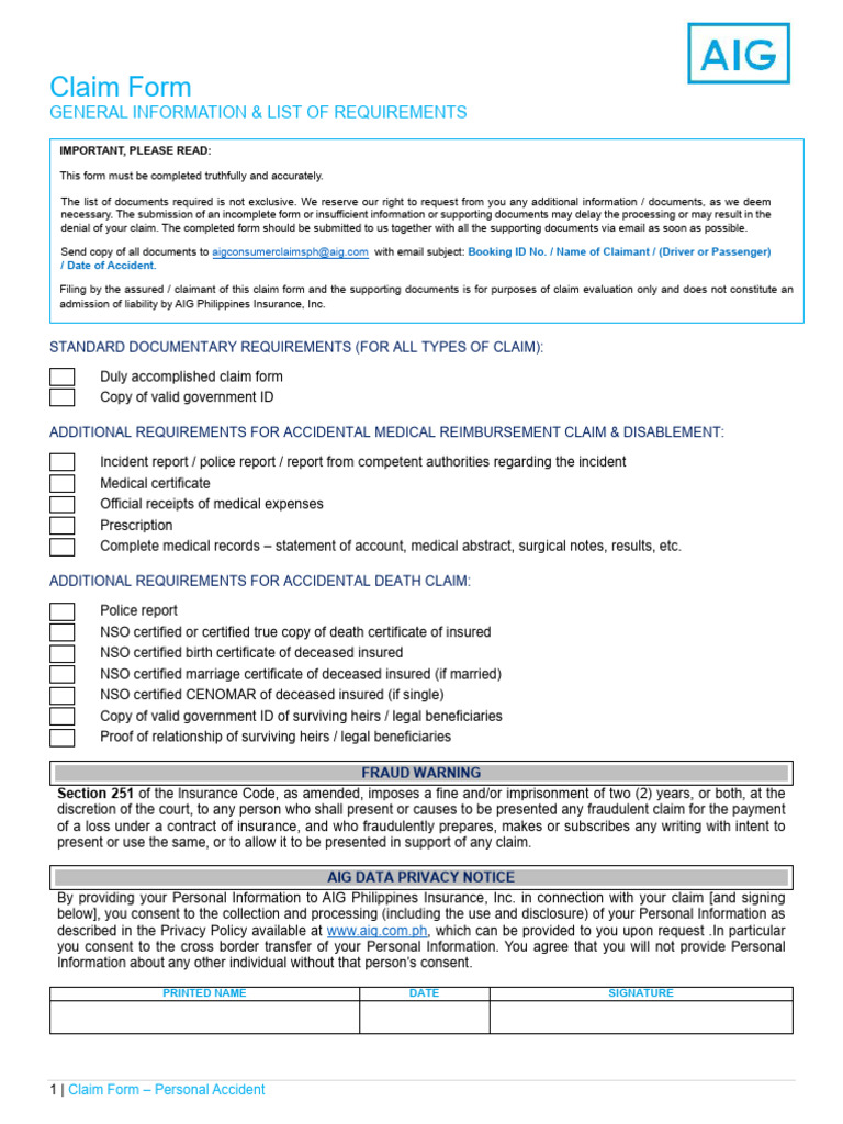 AIG Personal Accident Claim Form Guide | PDF | Insurance