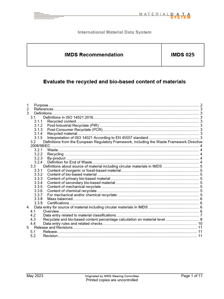 IMDS 025: Recycled Content Guidelines | PDF | Recycling | Waste