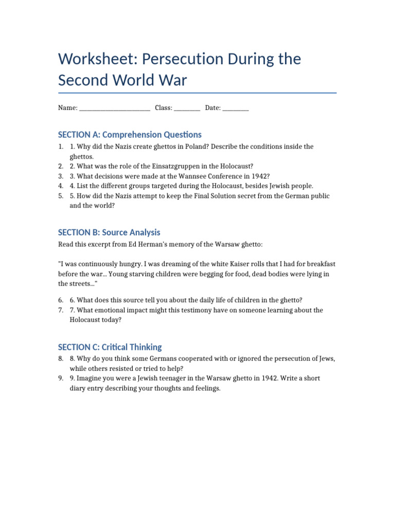 Nazi Persecution WWII Worksheet | PDF