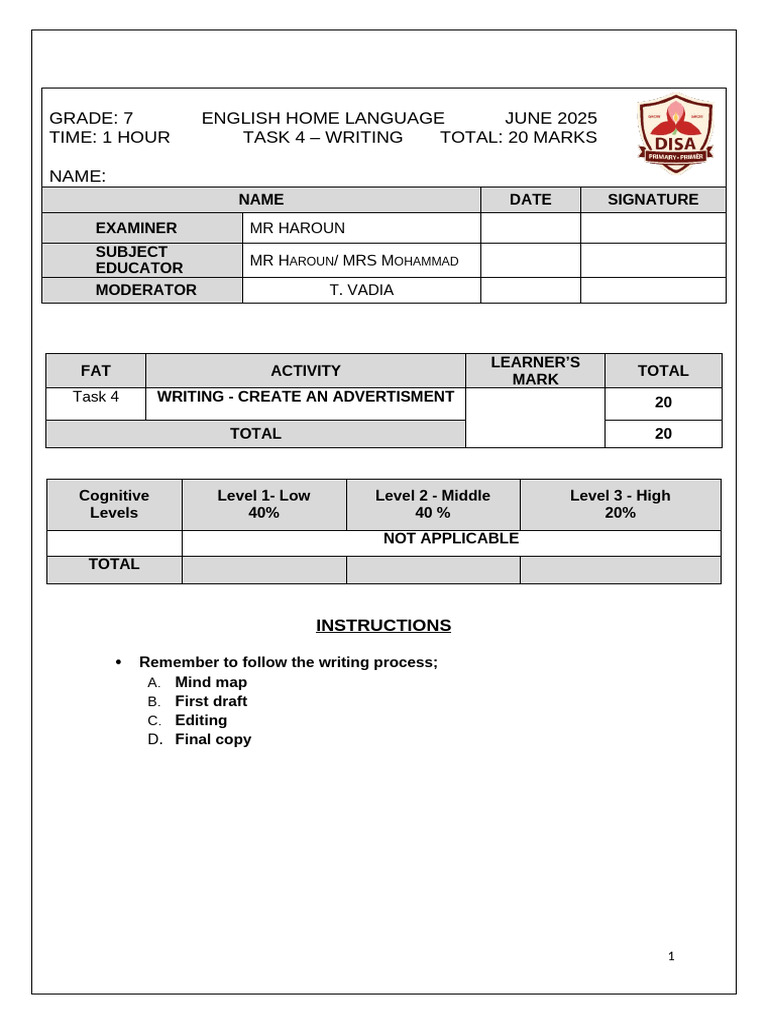 Grade 7 Advertisement Writing Task | PDF