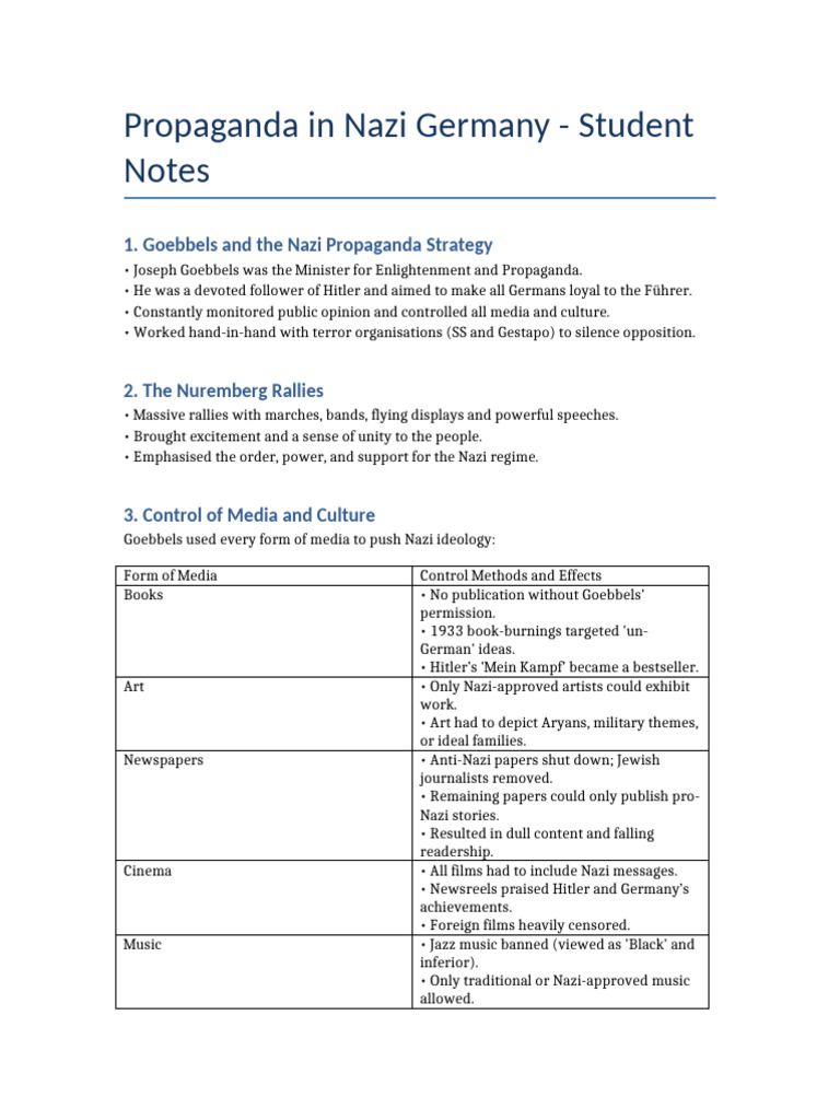 Nazi Propaganda Student Notes | PDF | Nazi Germany | Joseph Goebbels