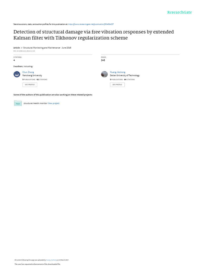 Detection of Structural Damage Via Free Vibration Responses by Extended Kalman Filter With ...