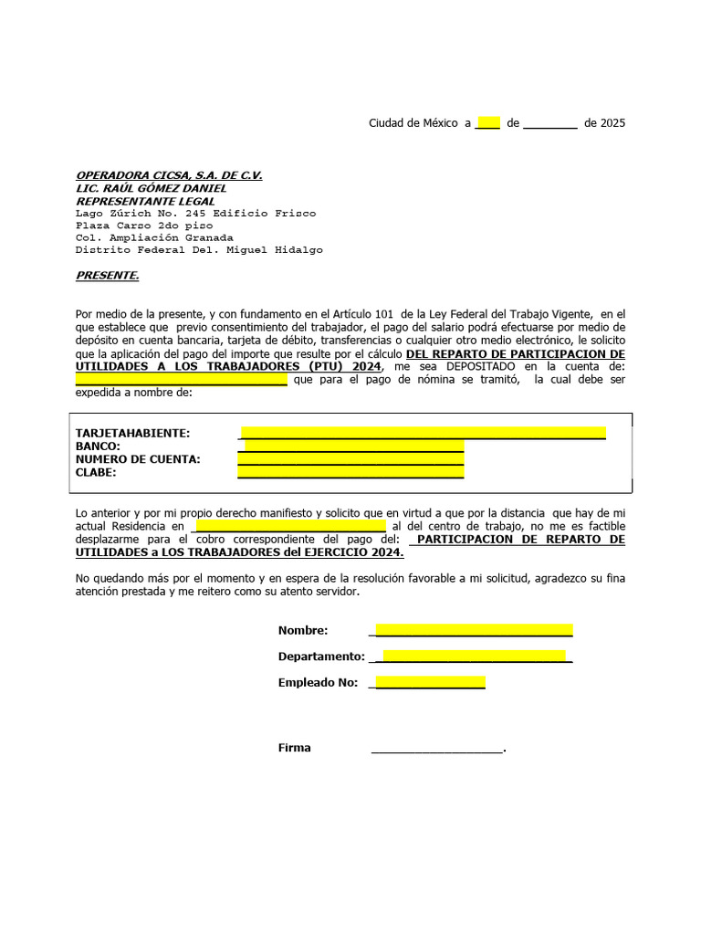 OPERADORA CICSA (Solicitud de Abono Pago PTU 2024 | PDF