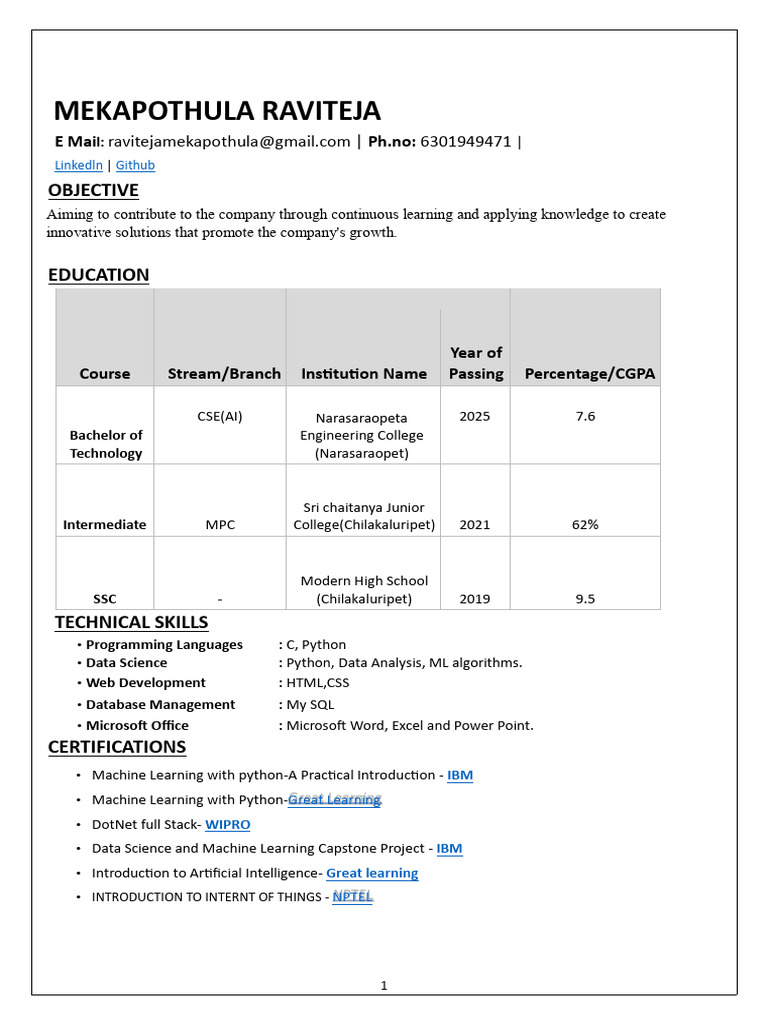 Semi Resume of Raviteja | PDF | Artificial Intelligence | Intelligence ...