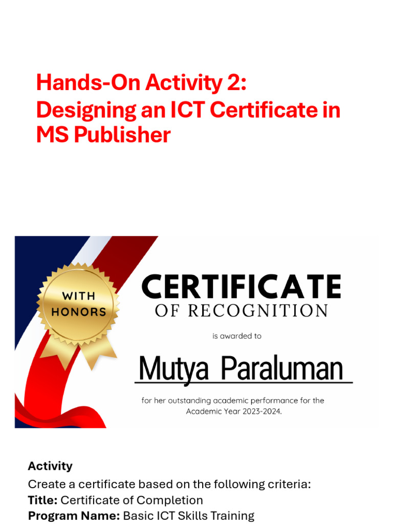 Activity 2 - Designing An ICT Certificate in MS Publisher | PDF
