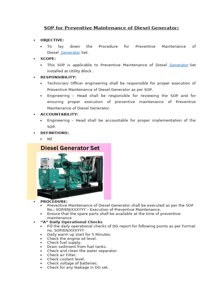 SOP For Preventive Maintenance of Diesel Generator | PDF | Turbocharger | Diesel Engine