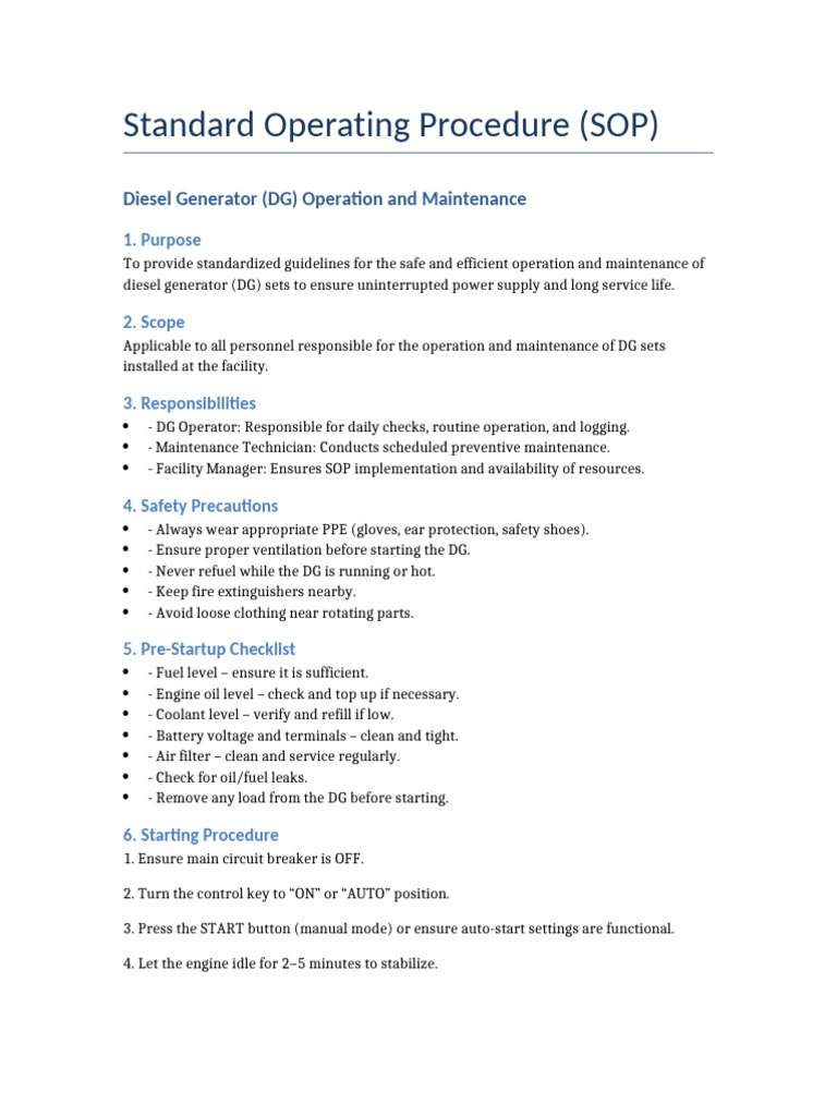 DG Operation and Maintenance SOP | PDF | Motor Oil | Diesel Engine