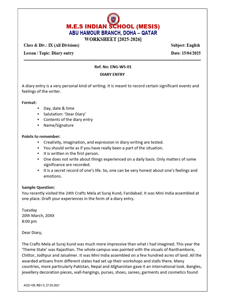 English Diary Entry Worksheet IX | PDF