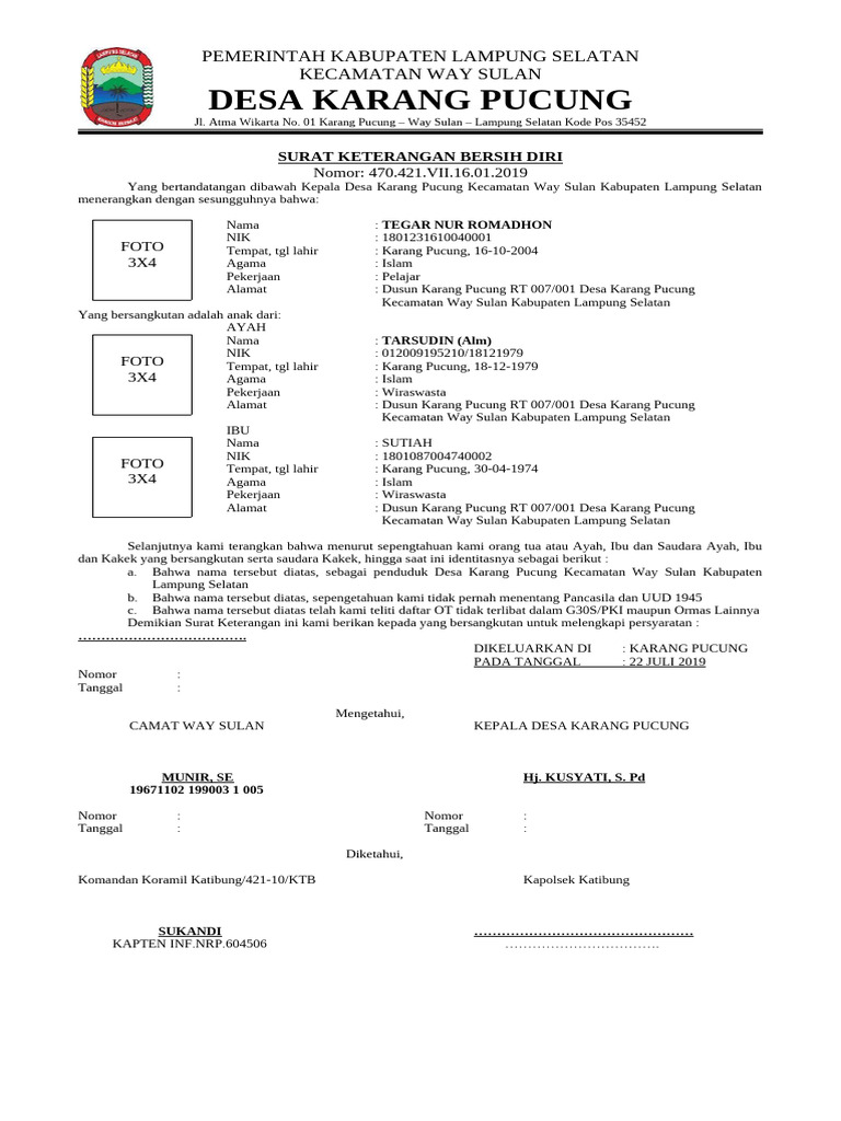 Surat Keterangan Bersih Diri | PDF