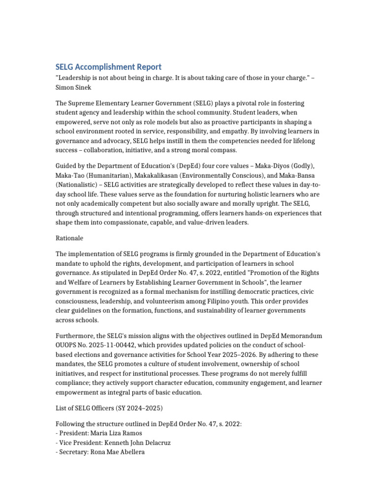 SELG Accomplishment Report | PDF | Governance | Leadership
