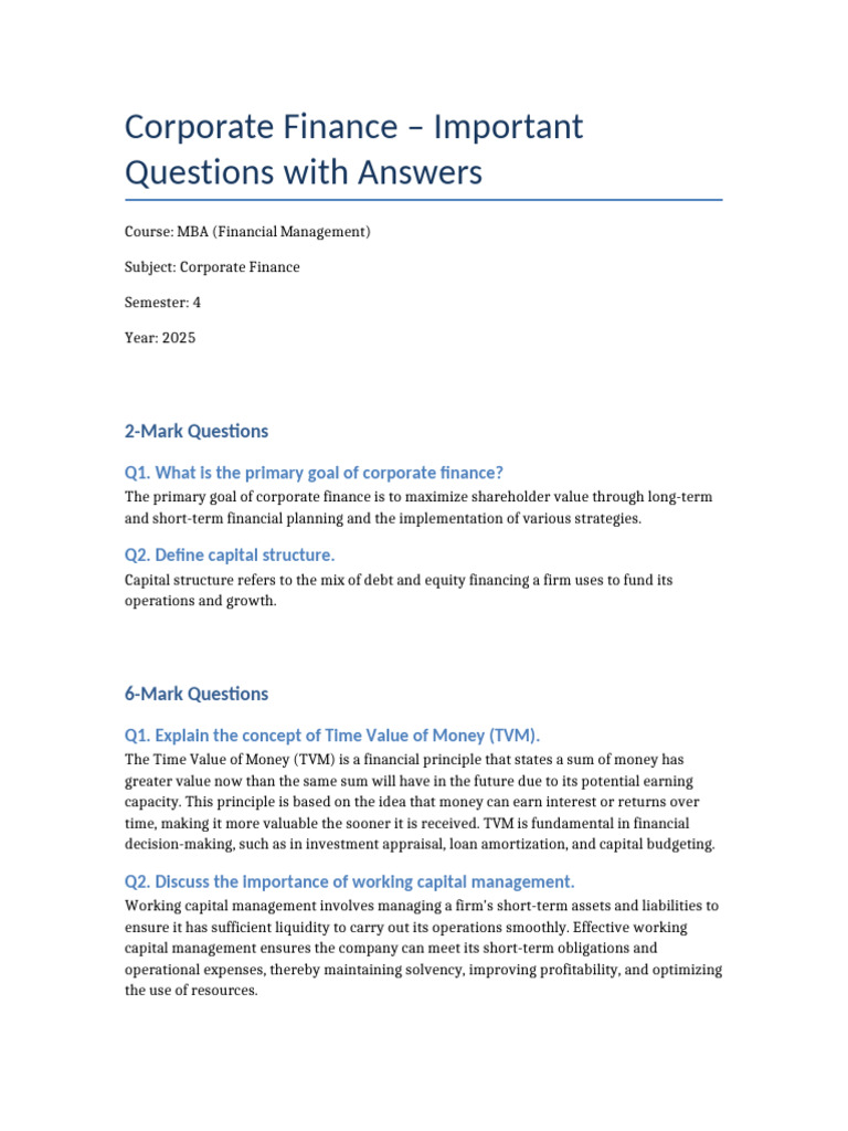 Corporate Finance 2 Marks Questions Expanded | PDF | Internal Rate Of ...
