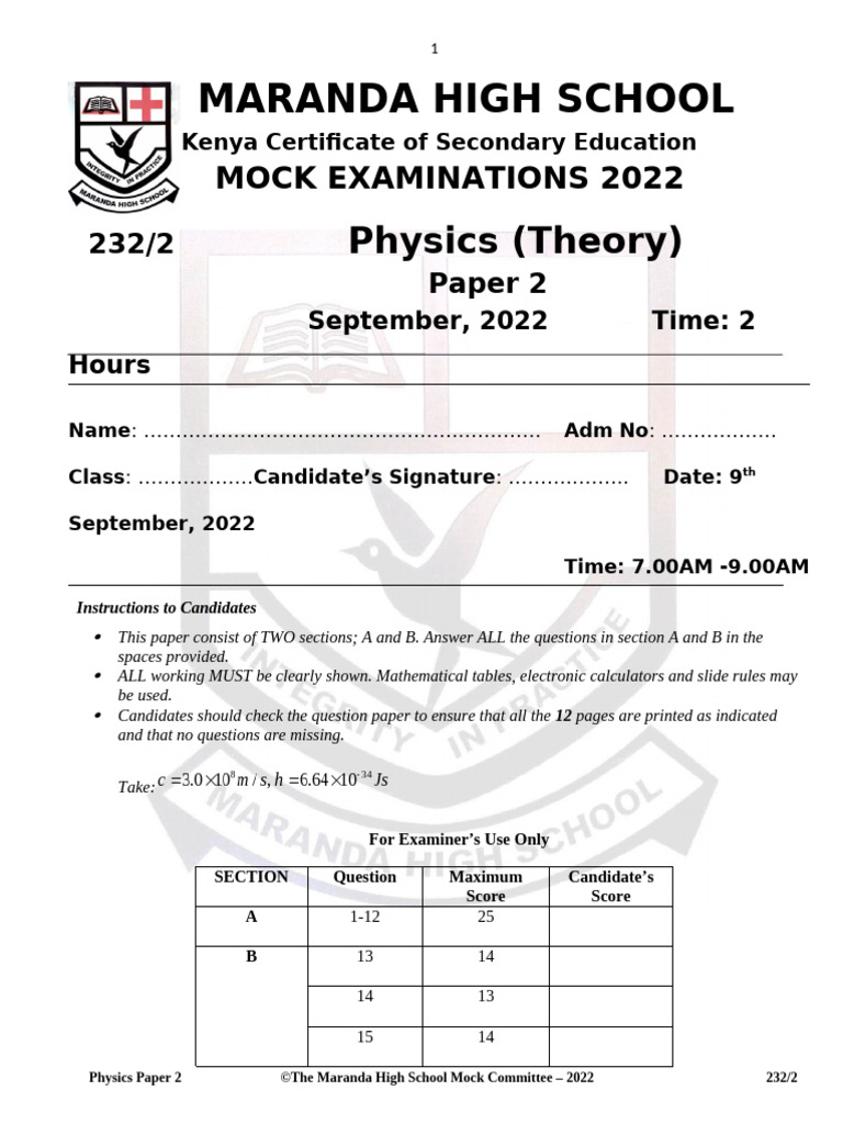 Physics P2 QS Maranda High School Mock 2022 | PDF | Optics | Electricity