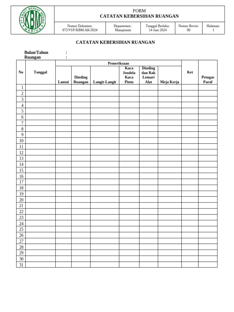 Form Checklist Kebersihan Ruangan | PDF