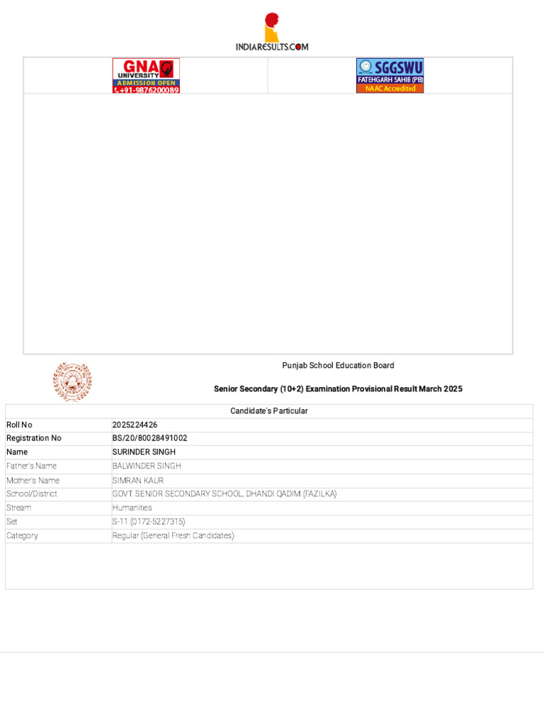 Senior Secondary (10+2) Examination Provisional Result March 2025 | PDF