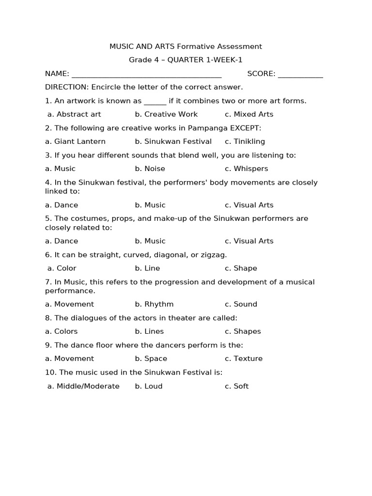 MUSIC and ARTS Formative Assessment 1 | PDF