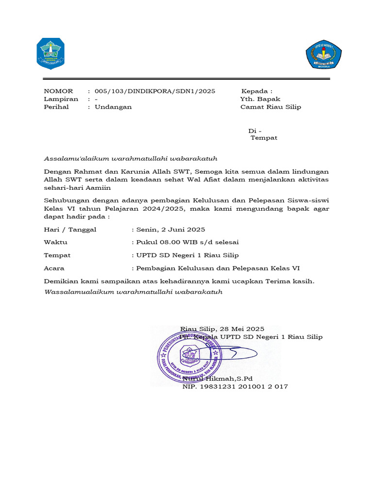 Undangan Pelepasan Kelas VI SD Riau Silip | PDF