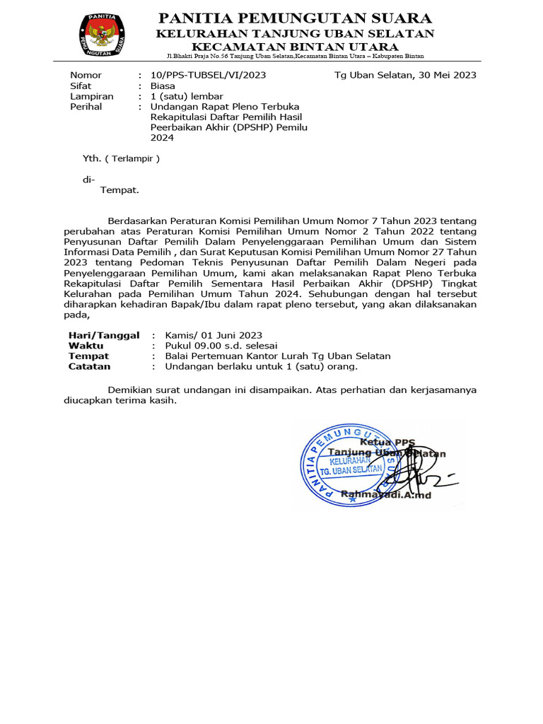 Undangan Rapat Pleno DPSHP Pemilu 2024 | PDF