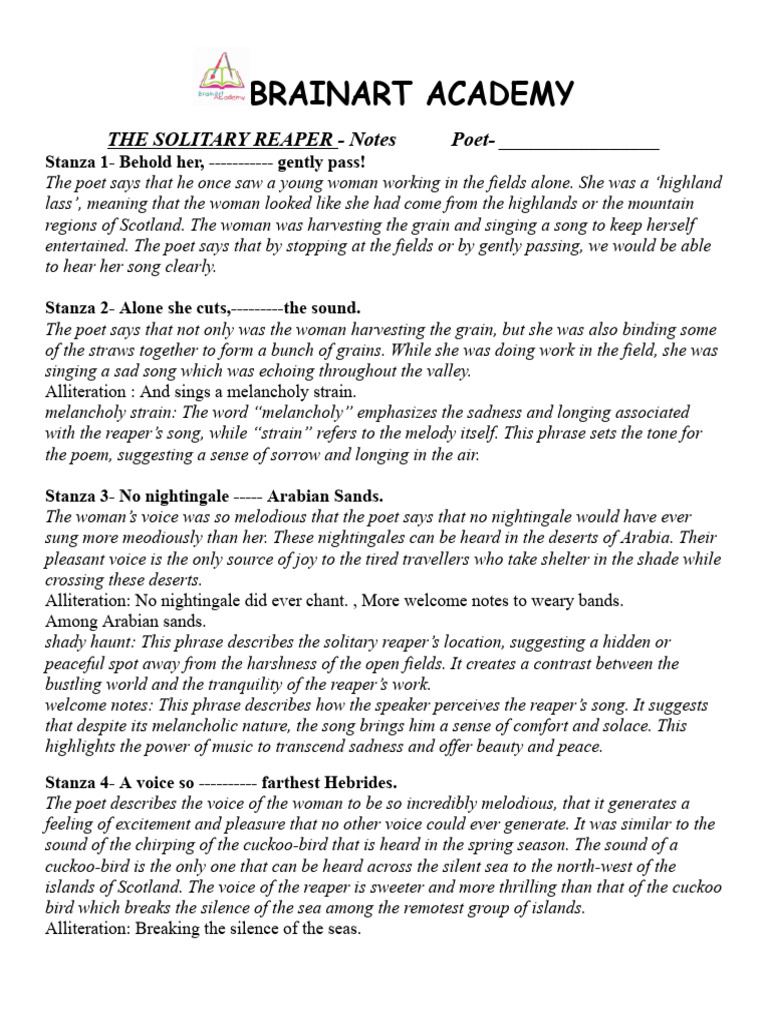 The Solitary Reaper - Notes | PDF