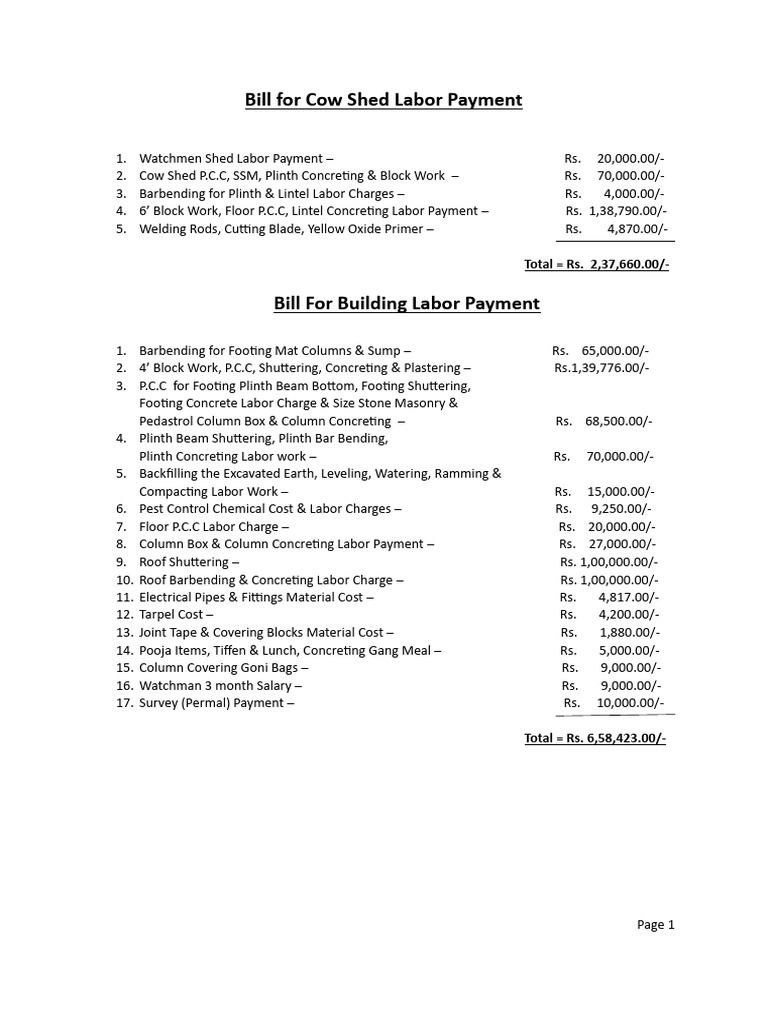 Bill For Cow Shed Labor Payment Kagalipura | PDF | Architectural Design ...