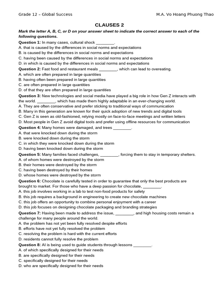 Grade 12 Global Success Exam Questions | PDF | Social Psychology