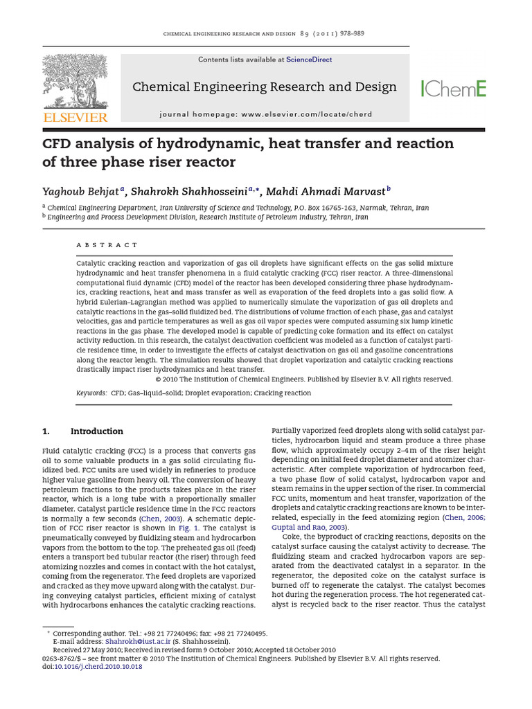 CFD Analysis of Hydrodynamic, Heat Transfer and Reaction of Three Phase Riser Reactor | PDF ...