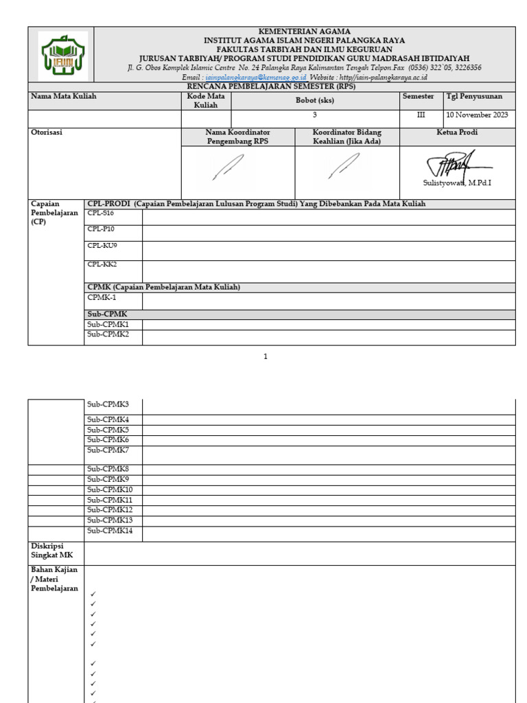RPS Kajian & Pembelajaran Bahasa Indonesia Kelas Rendah | PDF