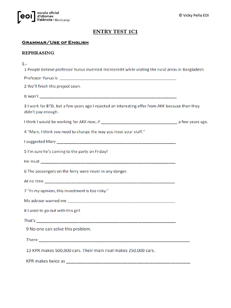 English Grammar Entry Test 1C1 | PDF