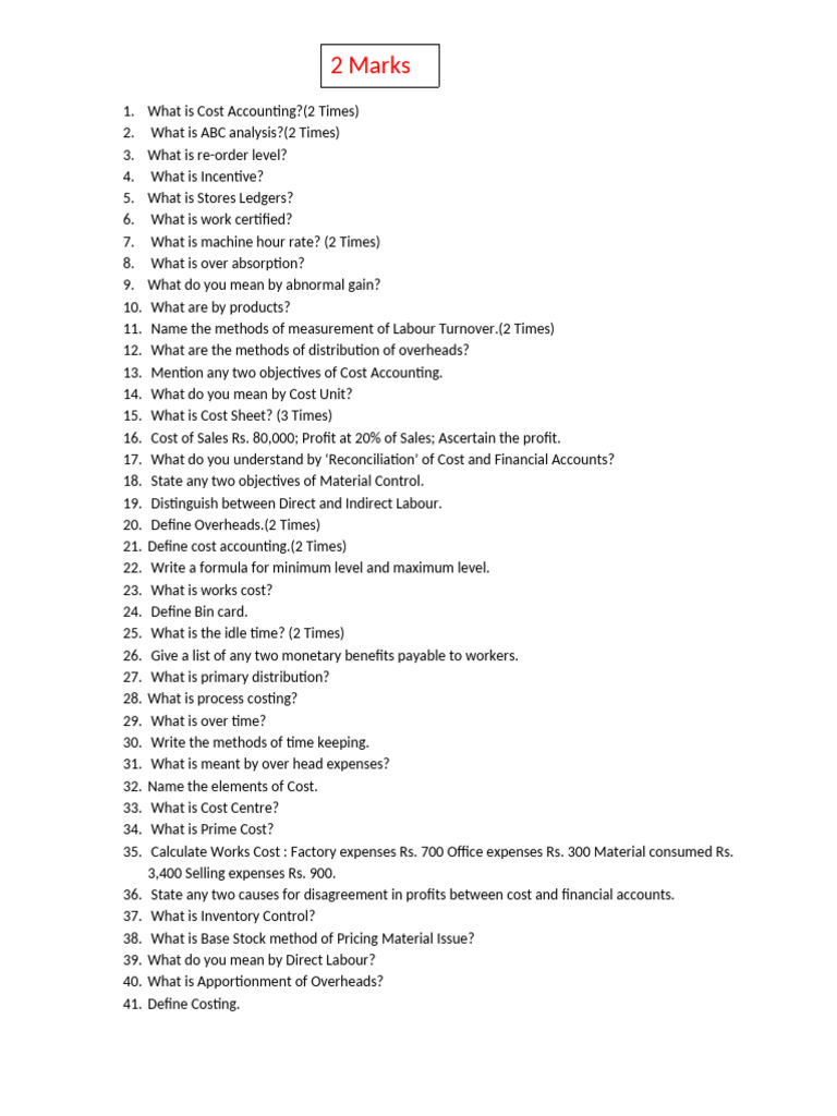 Elements of Cost Accounting Theory Questions and Cost Sheet Sums Only ...