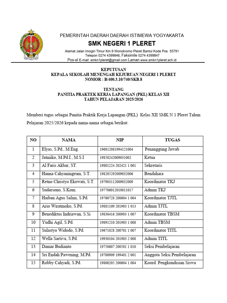 Surat Tugas Panitia PKL TH 2025-2026 | PDF