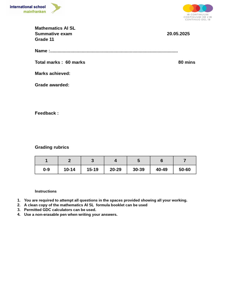 Grade 11 Mathematics AI SL Exam 2025 | PDF | Educational Assessment And ...