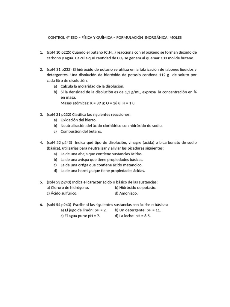 Control 4º Eso Form Inorg, Moles | PDF