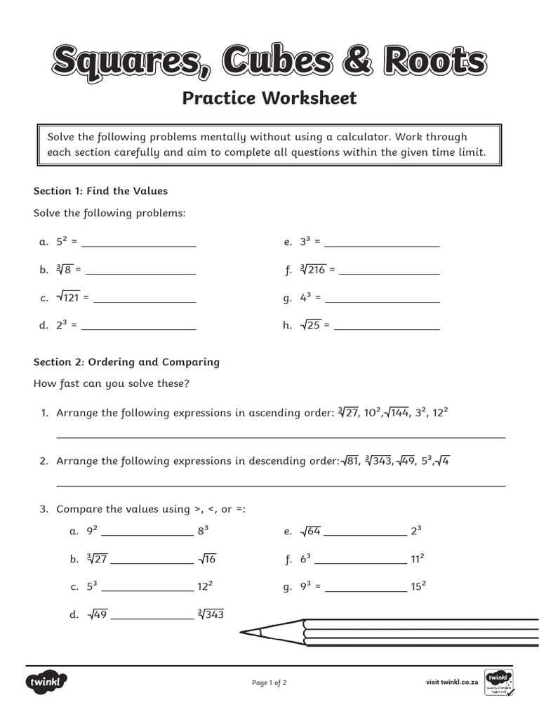 Squares, Cubes & Roots Practice Worksheet | PDF | Exponentiation ...