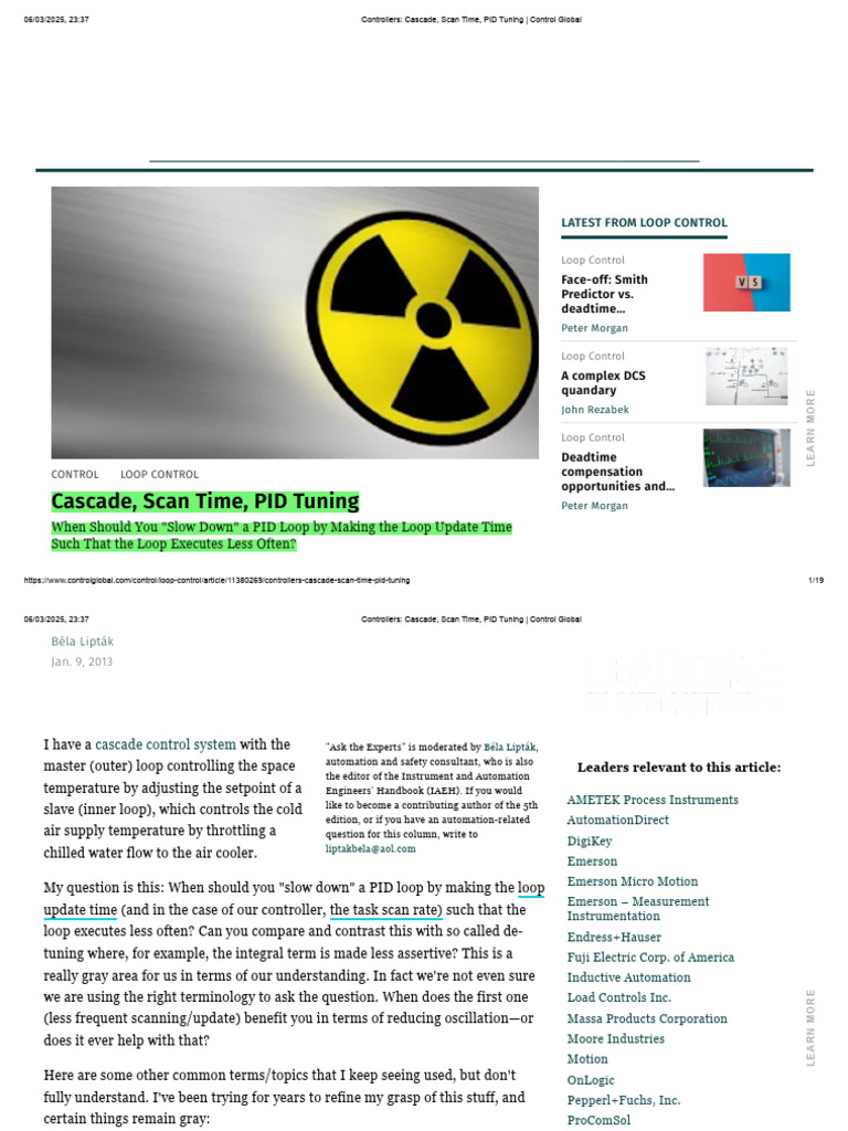 Bela G Liptak Controllers - Cascade, Scan Time, PID Tuning - Control Global | PDF | Applied ...