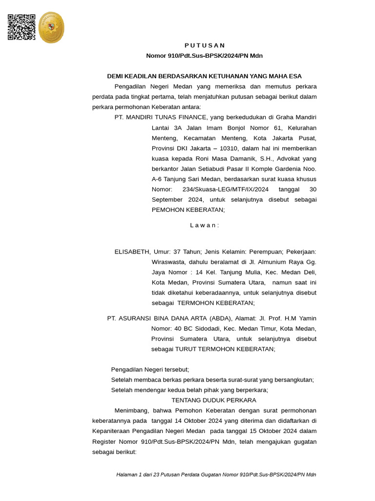 Putusan 910 PDT - Sus-Bpsk 2024 PN MDN 20250606015220 | PDF