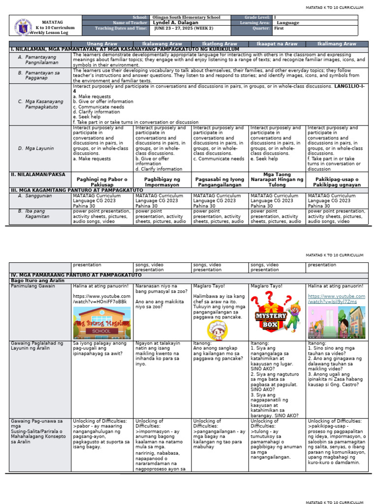 DLL Matatag Language 1 q1 w2 v2 | PDF