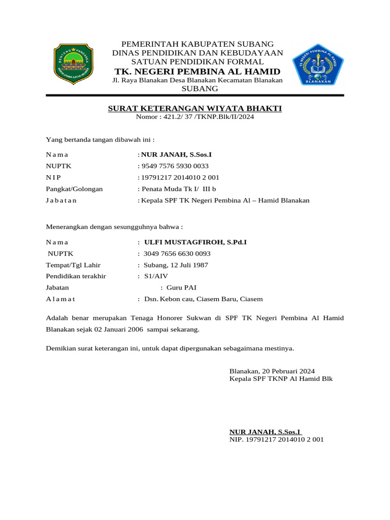 Surat Keterangan Tenaga Honorer TKNP | PDF