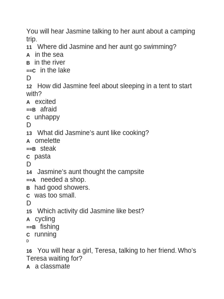 You Will Hear Jasmine Talking To Her Aunt About A Camping Trip | PDF